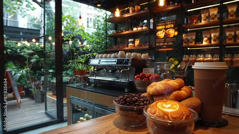 Parallax effect soft motion of cozy coffee shop setup fresh pastries ...