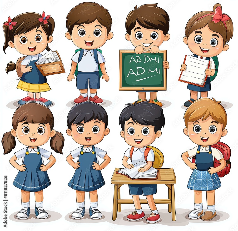 A group of cartoon children posing for a school picture, with some ...