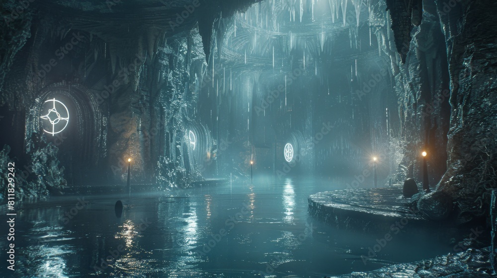 Chilling scene of an icy cave featuring mystical glowing symbols ...