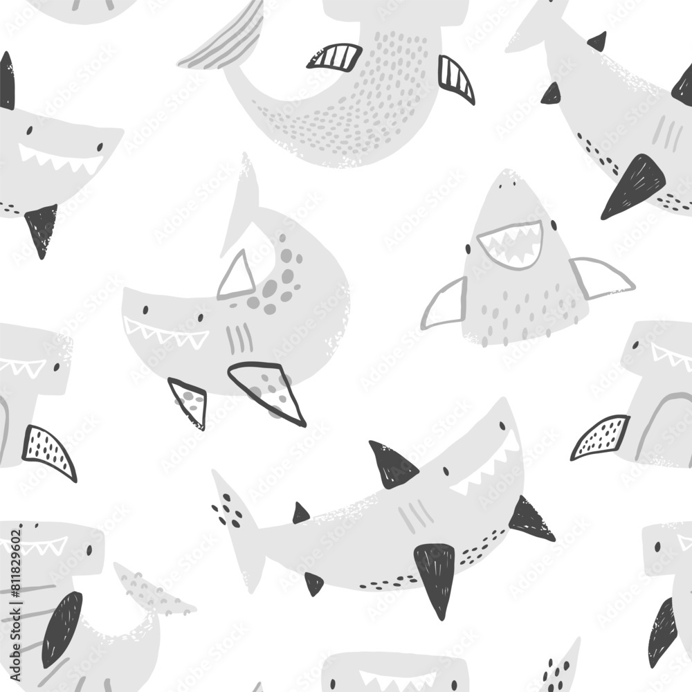 Vector seamless pattern with cute sharks on white background. Funny ...