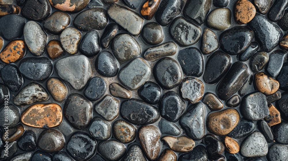 Round, smooth pebbles in a texture. Sea beach with dark wet pebbles and ...