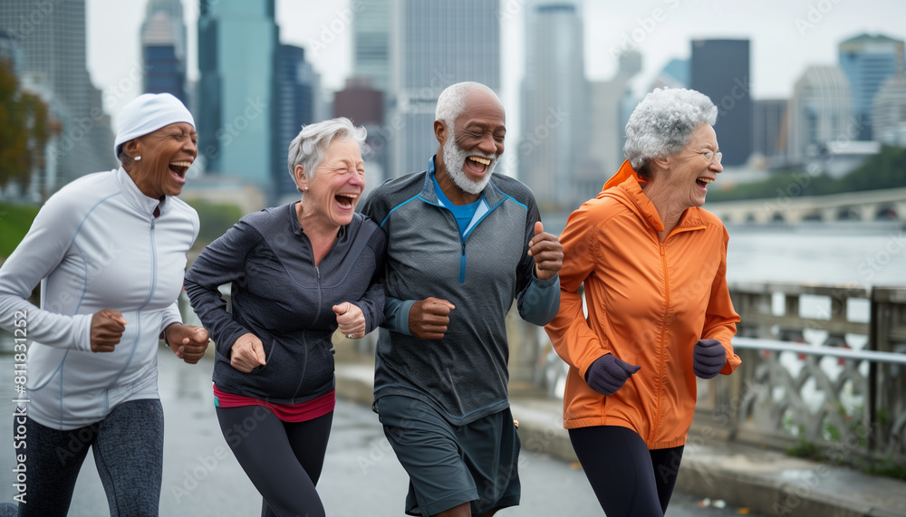 of a group of senior joggers laughing together as they race each other ...