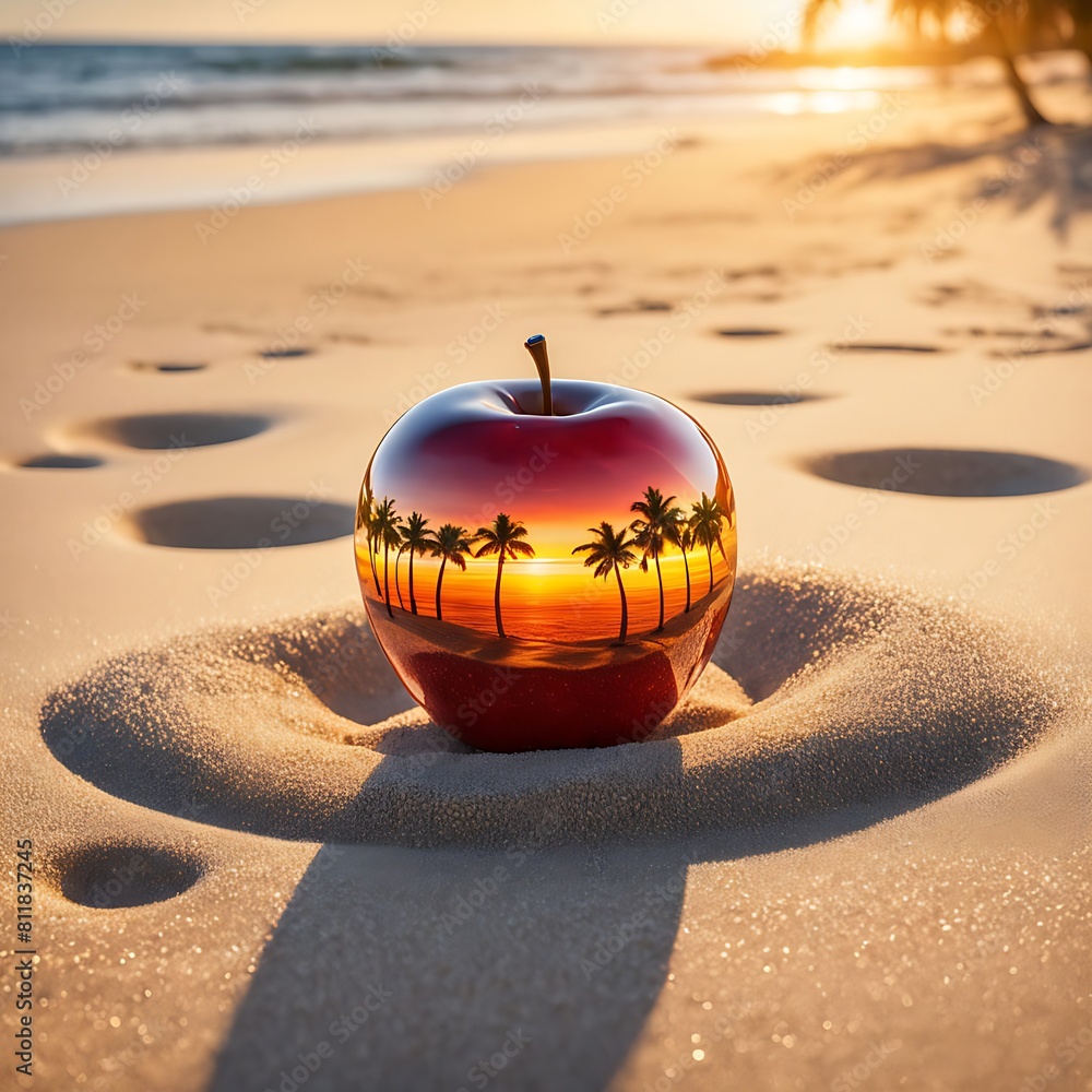 Abstract image of an apple with reflection of palm trees and beach ...