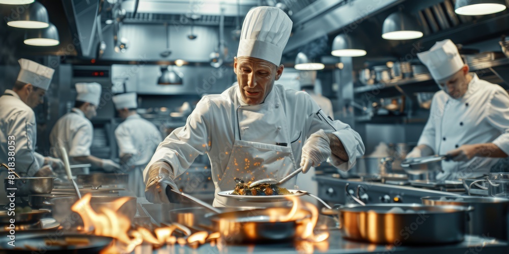 Photo of chef working and using wok stirring vegetables. Cook in ...