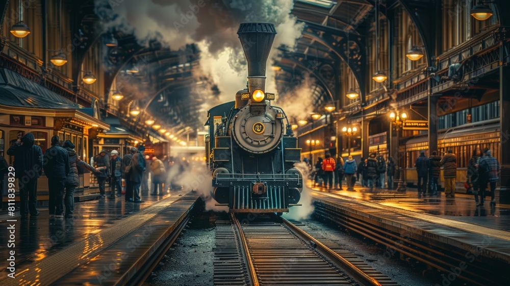 A historic train station with an old steam locomotive pulling into the ...