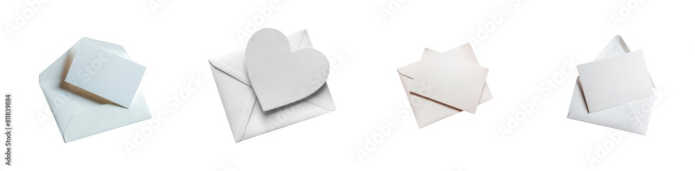 Set of blank white paper letter card on white envelope. Mock-up of ...