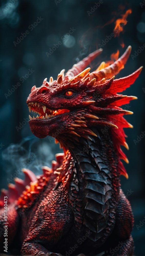 Intriguing dark fantasy scene depicts a red dragon breathing fire, a ...