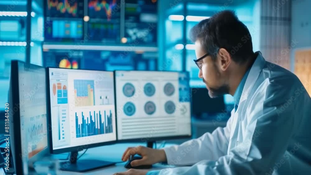 Focused data analyst studies complex financial statistics and data visualizations across ...