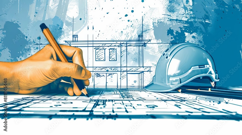 An architects hand sketching modifications on a building blueprint ...