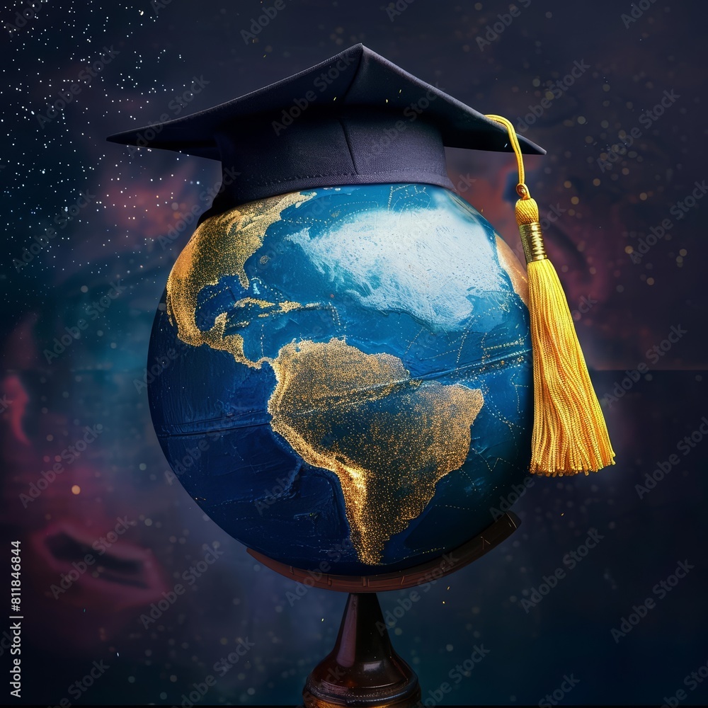 Graduation cap flying off the globe, celebrating international academic ...