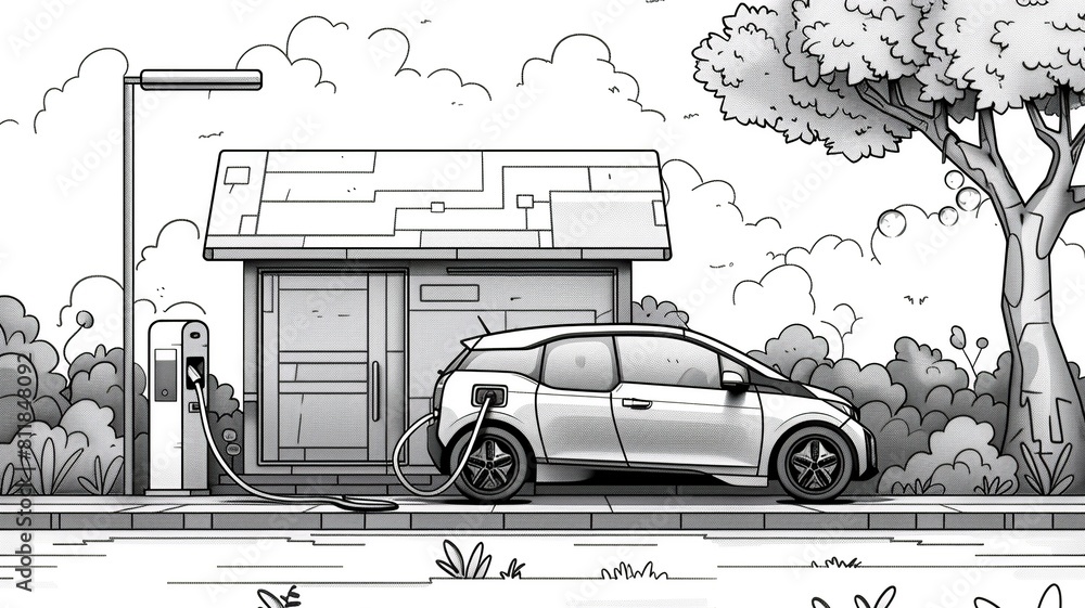 A simple and joyful outline drawing of a happy cartoon car parked next ...