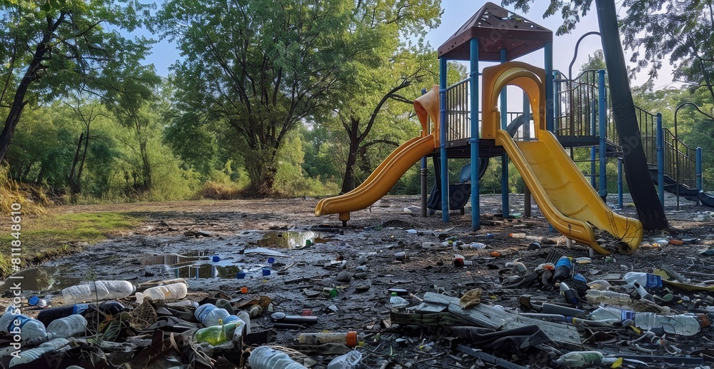 Playground Covered in Tons of Litter. The Problem of Neglected Waste ...