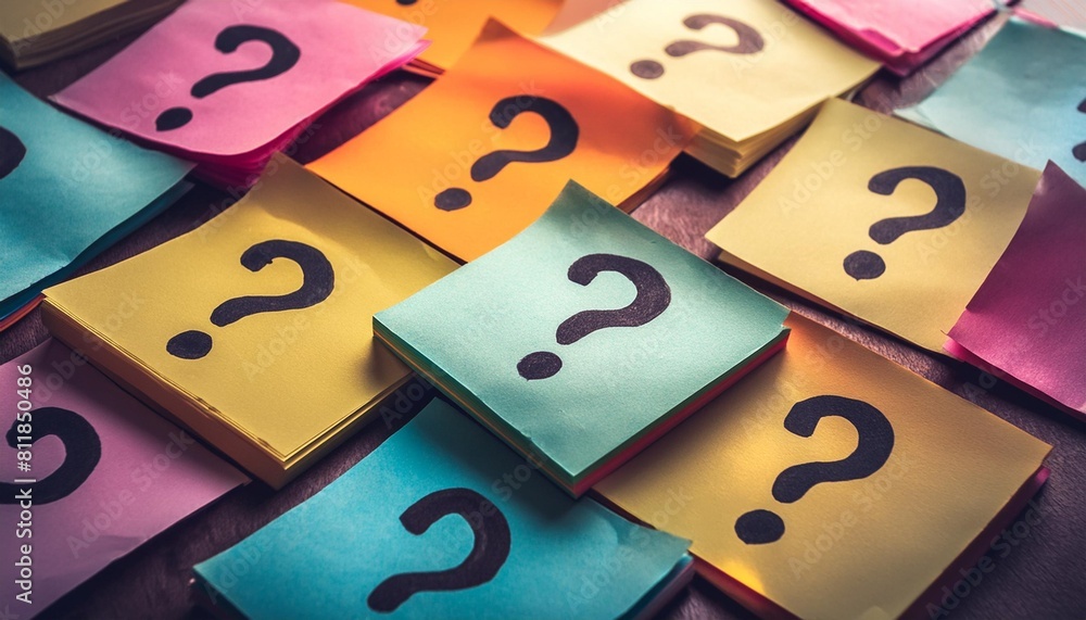 a pile of colorful post it notes with question marks on them and a ...