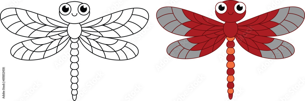 Cute kawaii dragonfly cartoon character coloring page vector ...