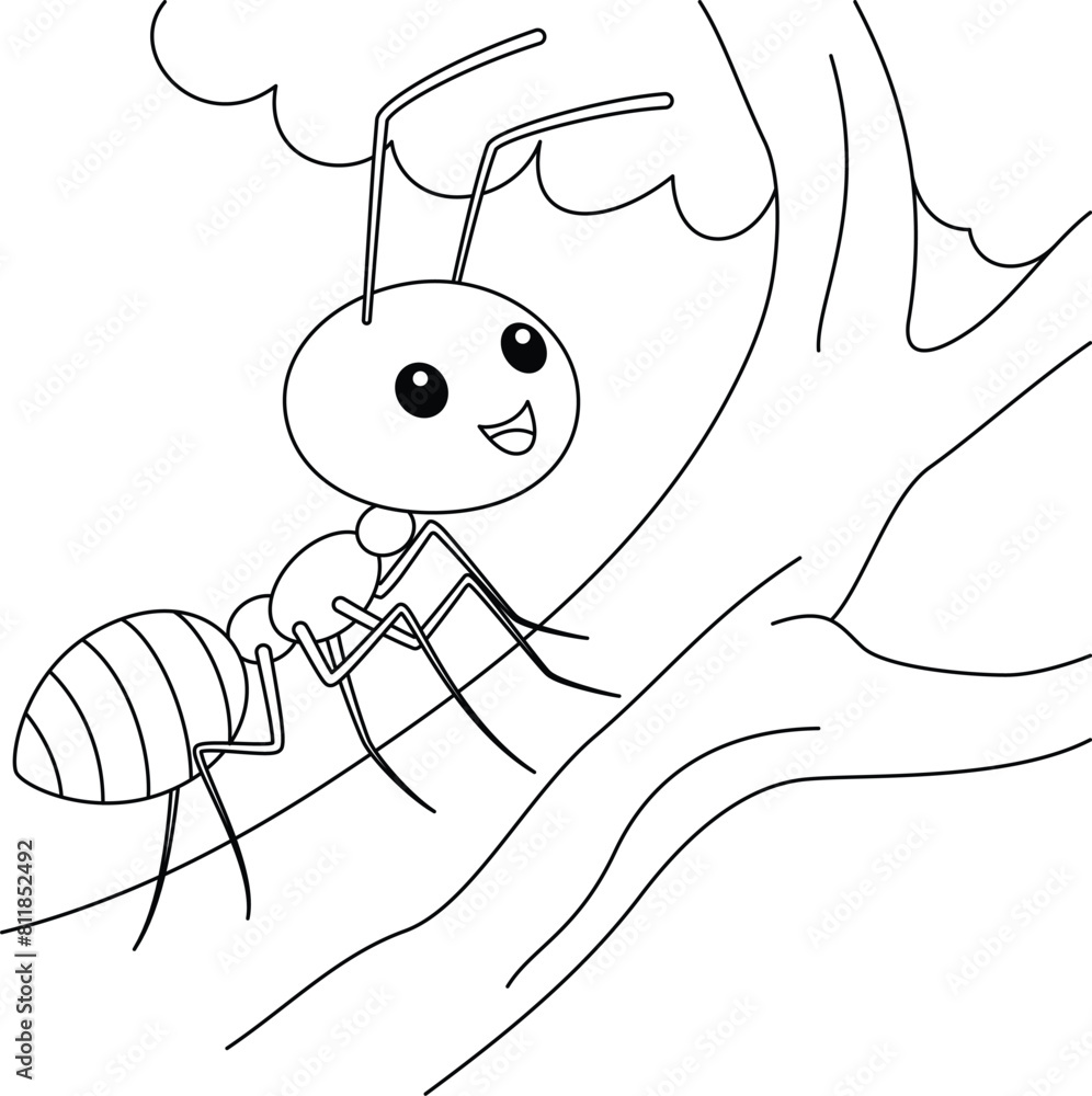 Cute kawaii ant on the tree cartoon character coloring page vector ...