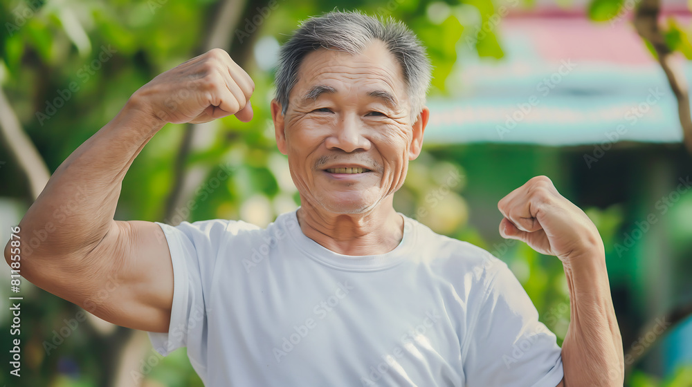 Smiling elderly patient Asian man flexing muscles and looking at camera ...