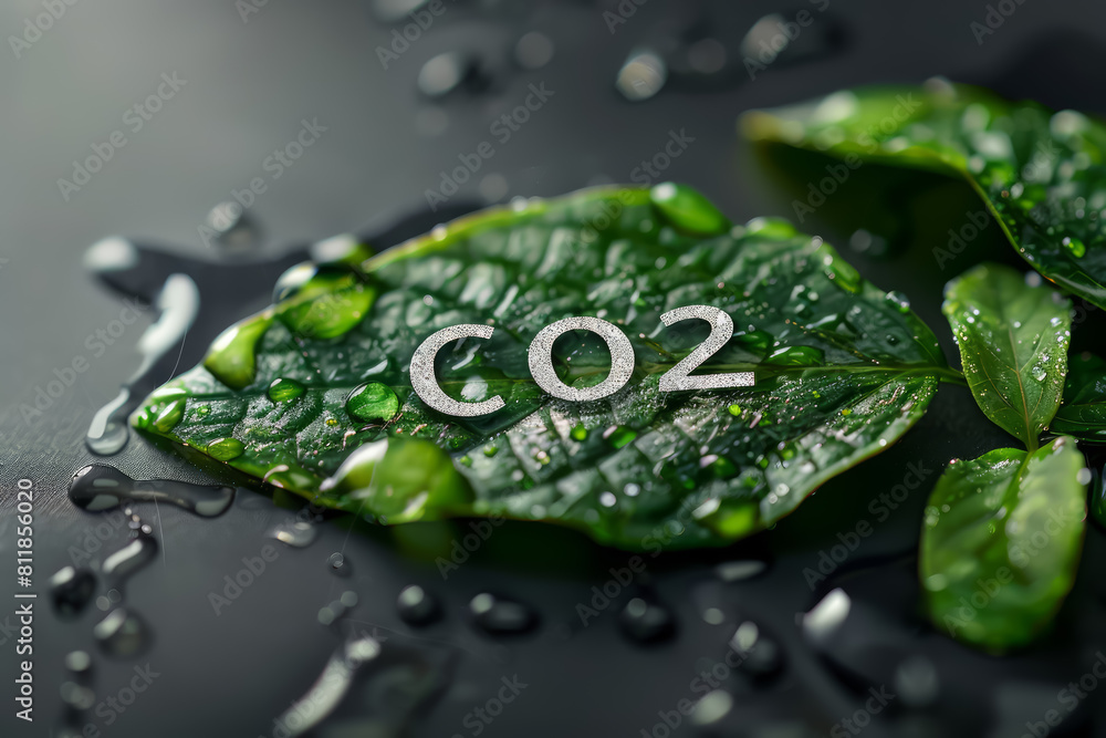 Water droplets on CO2 text on leaf emphasizing environmental impact of ...