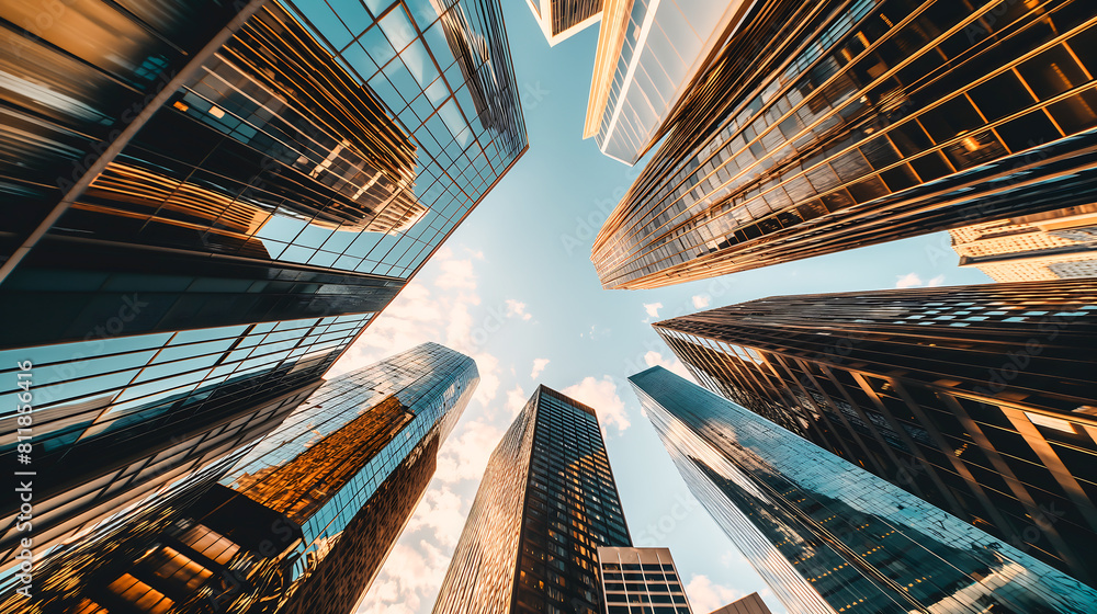 Bottom up view of high rise buildings, skyline of the financial ...