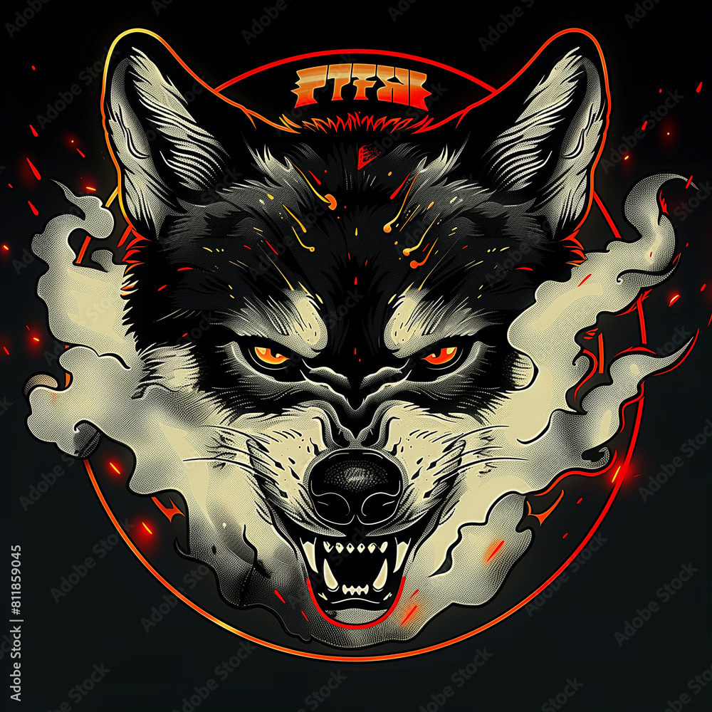 tshirt design, circle logo style , angry wolf head with smoke and red ...