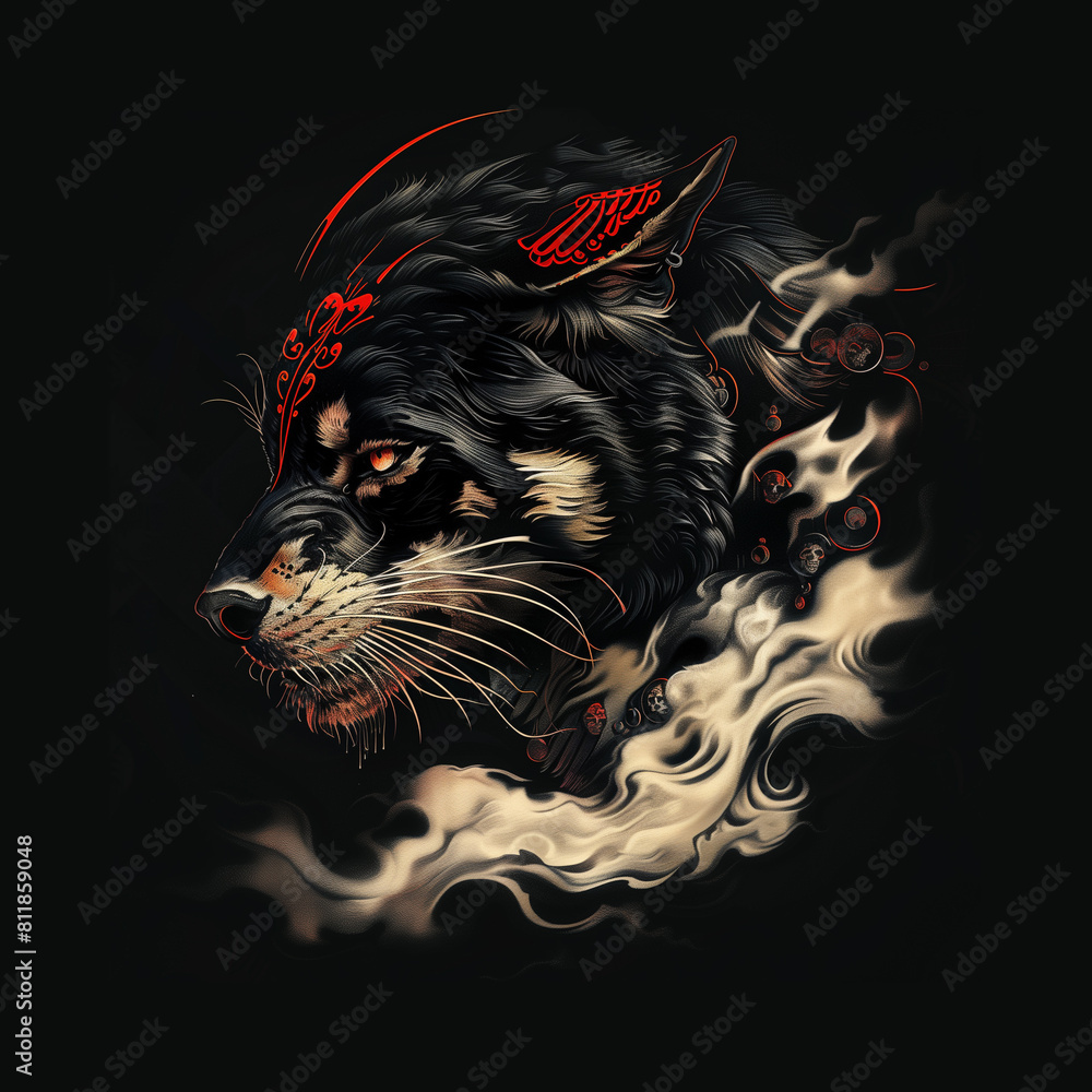 tshirt design, circle logo style , angry wolf head with smoke and red ...