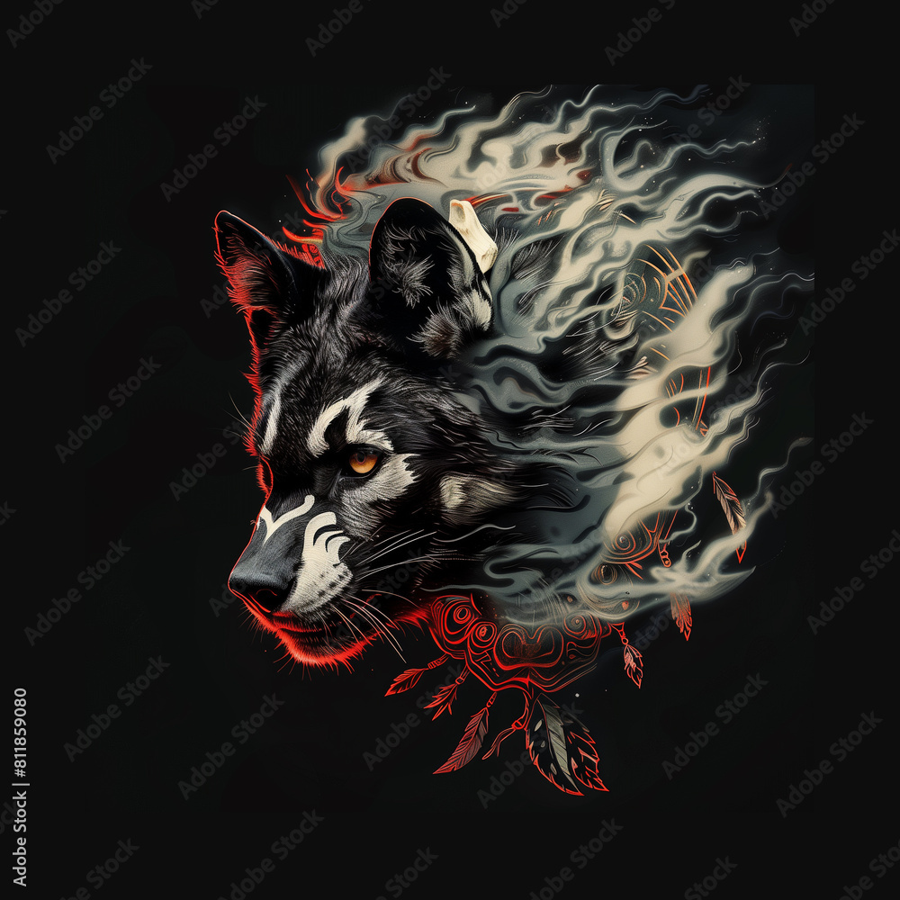 tshirt design, circle logo style , angry wolf head with smoke and red ...