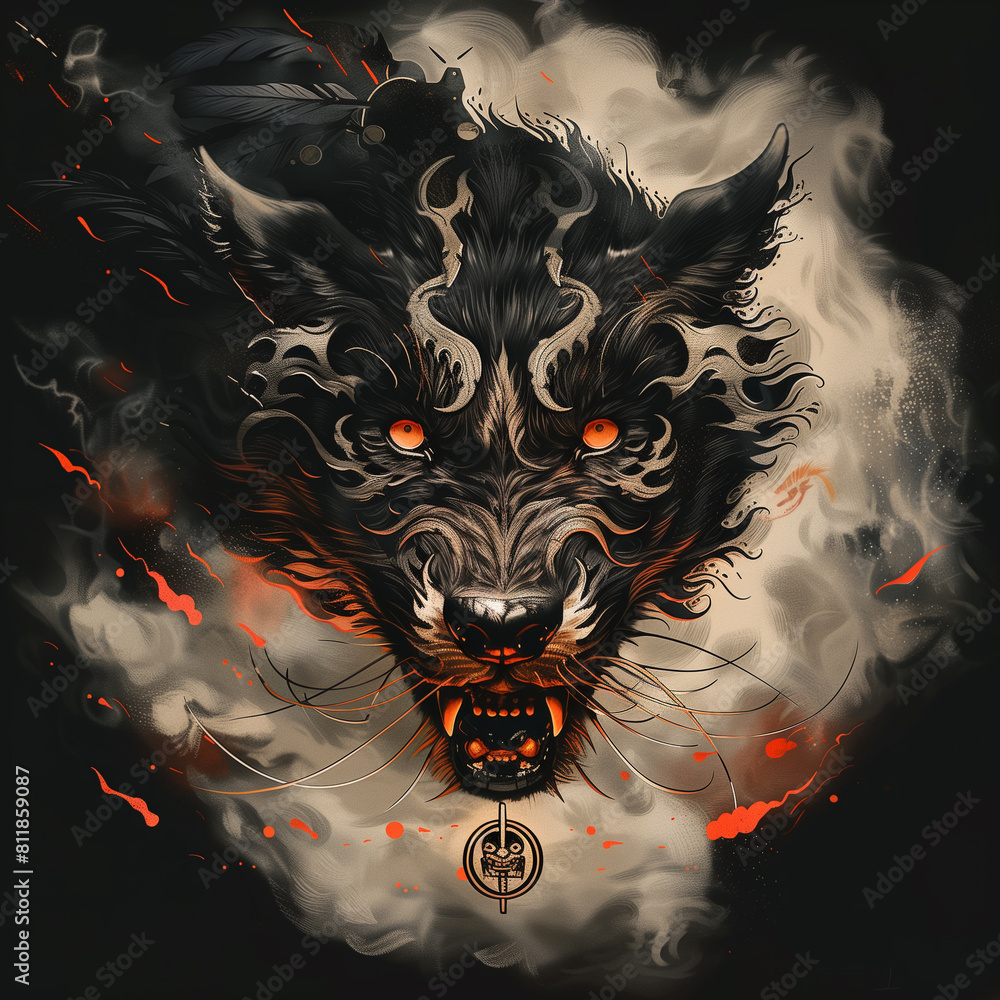 tshirt design, circle logo style , angry wolf head with smoke and red ...