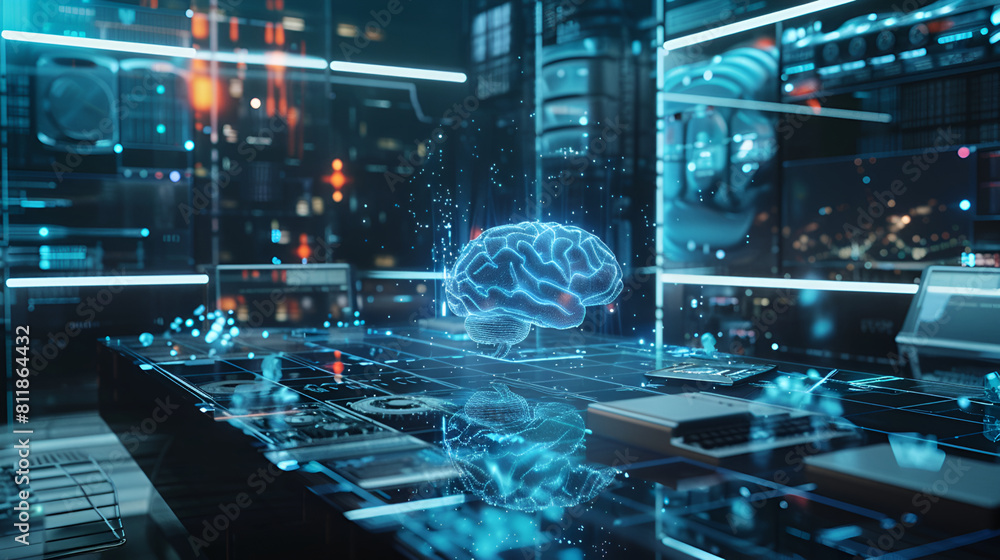 Digital 3D projection of a human brain on blue background,Design ...