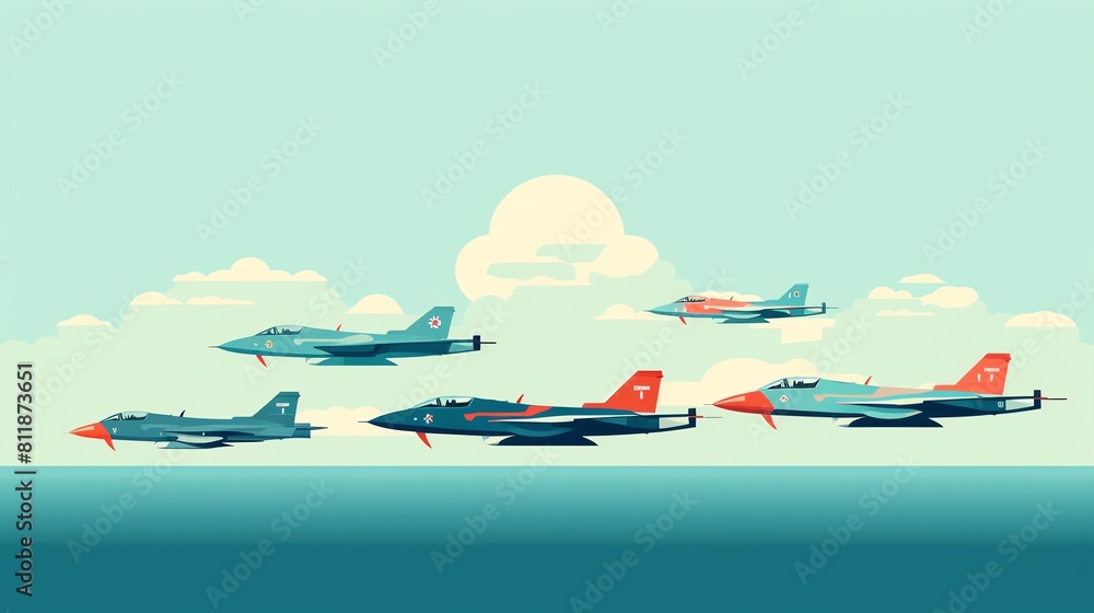 Military fighter jets in formation flat design side view defense theme animation Complementary ...