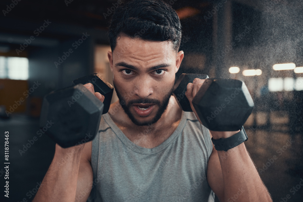 Bodybuilder, portrait of man and dumbbell in gym for muscle growth ...