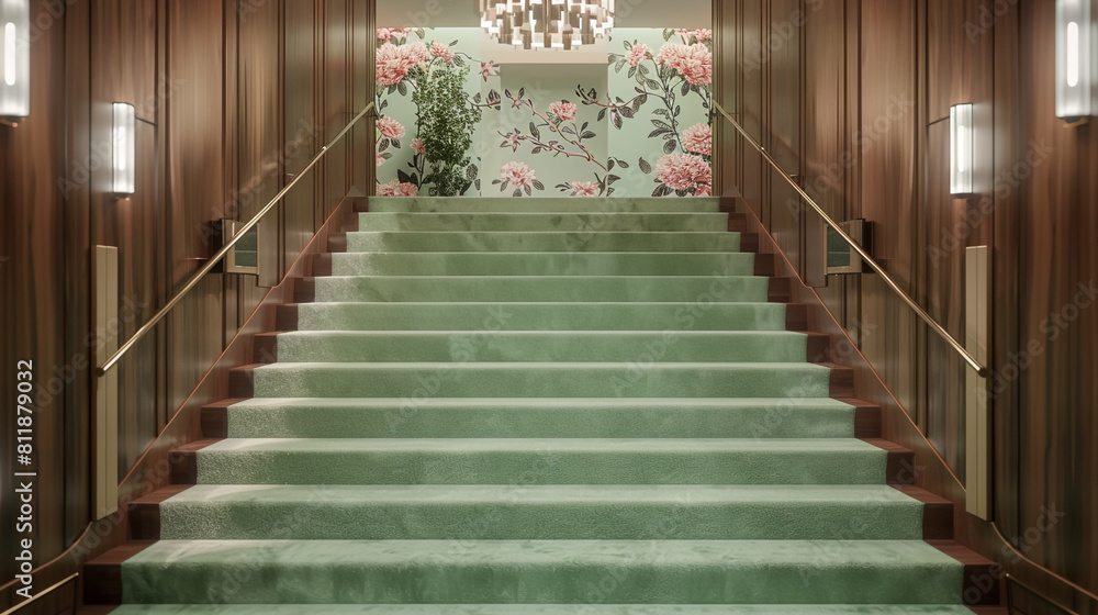 Luxury mansion foyer with mint green carpeted stairs featuring a floral ...