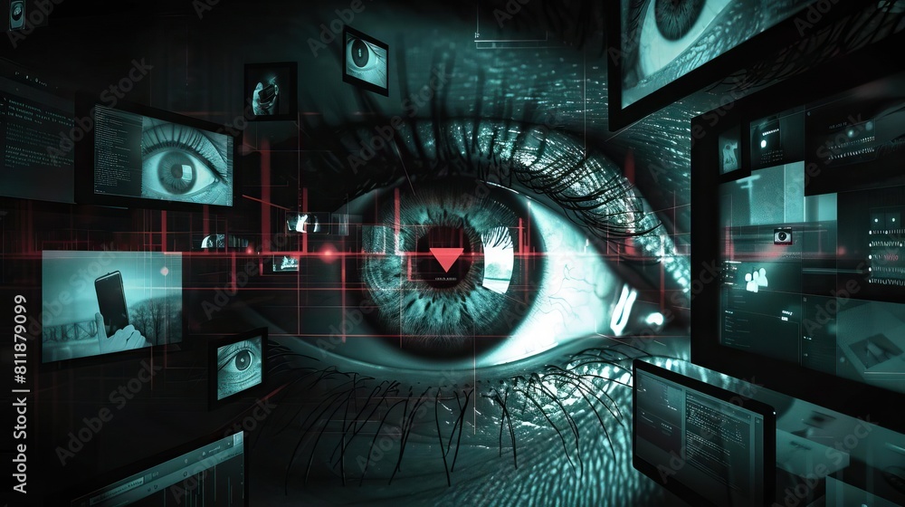 An intense visual of an eye with a privacy warning message projected ...