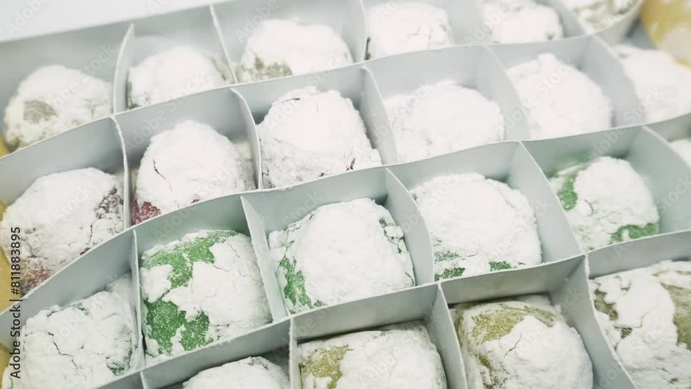 Mochi variants of various colors and flavors such as Pandan, Chocolate ...