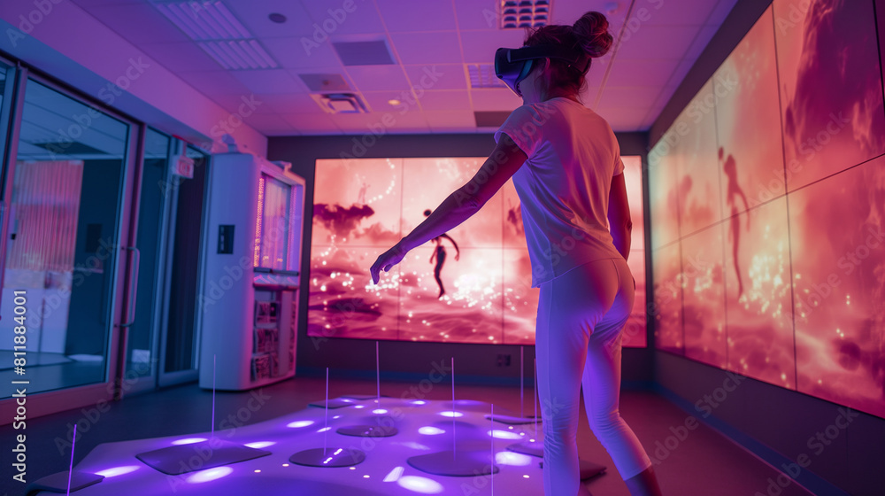 Inside a state-of-the-art rehabilitation center, patients engage in immersive virtual reality ...