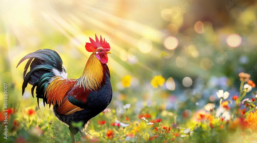 Cute, beautiful rooster in a field with flowers in nature, in the sun's ...