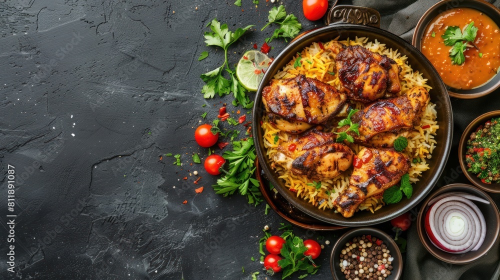 Top view of Chicken Mandy: Arab cuisine's national dish, chicken kabsa ...