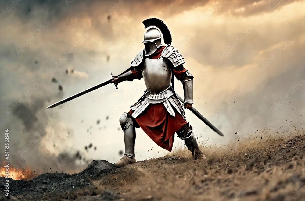 Spartan man in gladiator helmet and red long cloak standing with steel ...