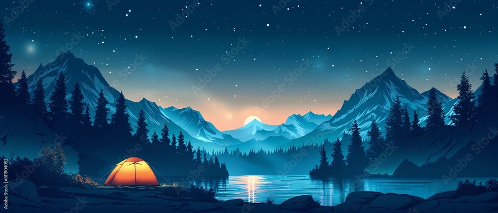 Night camping flat design side view adventure theme water color ...
