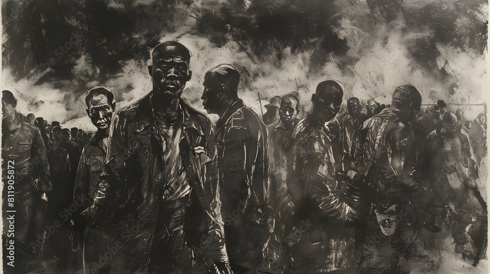 Vintage military personnel gathered in a crowd, featuring soldiers ...