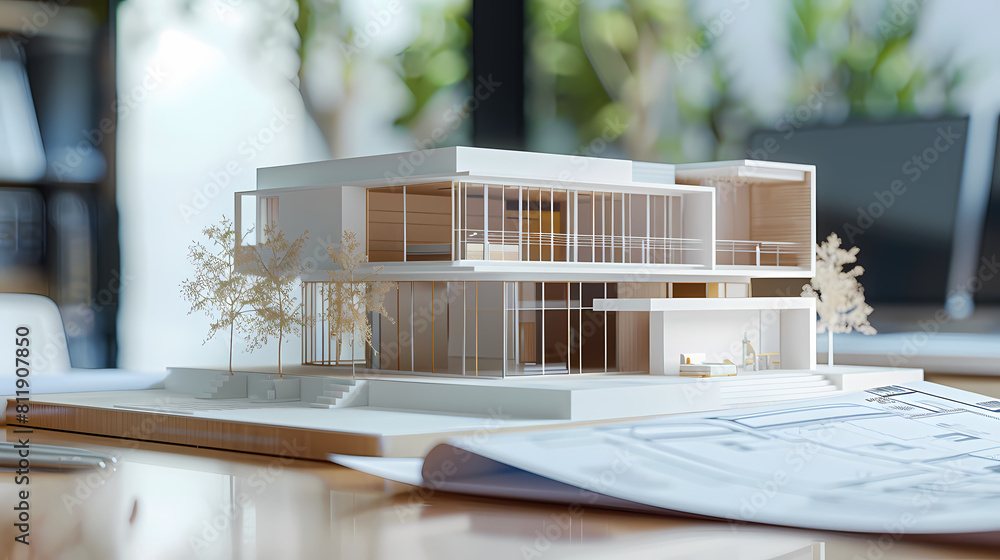 An architectural design of a house in a 3D model stands on the office ...