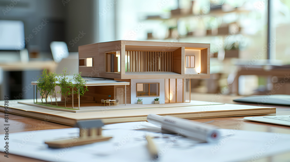 An architectural design of a house in a 3D model stands on the office ...