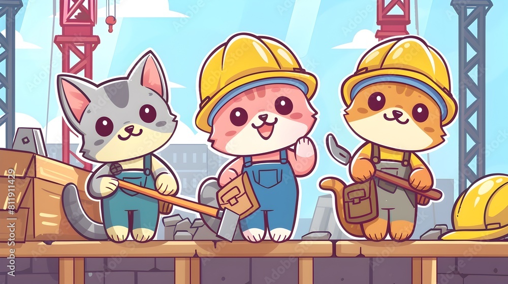 Cartoon Construction Workers with Safety Gear Building Infrastructure ...