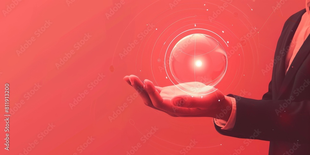 The photo shows a hand holding a glowing red orb. The hand is in front ...