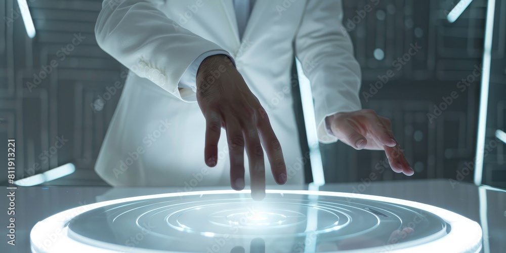 The photo shows a person in a white lab coat using a futuristic touch ...