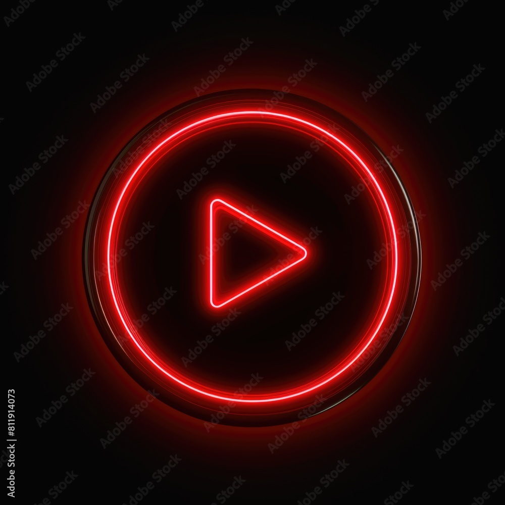 Round red neon play button logo on a black background. 3D style. AI ...