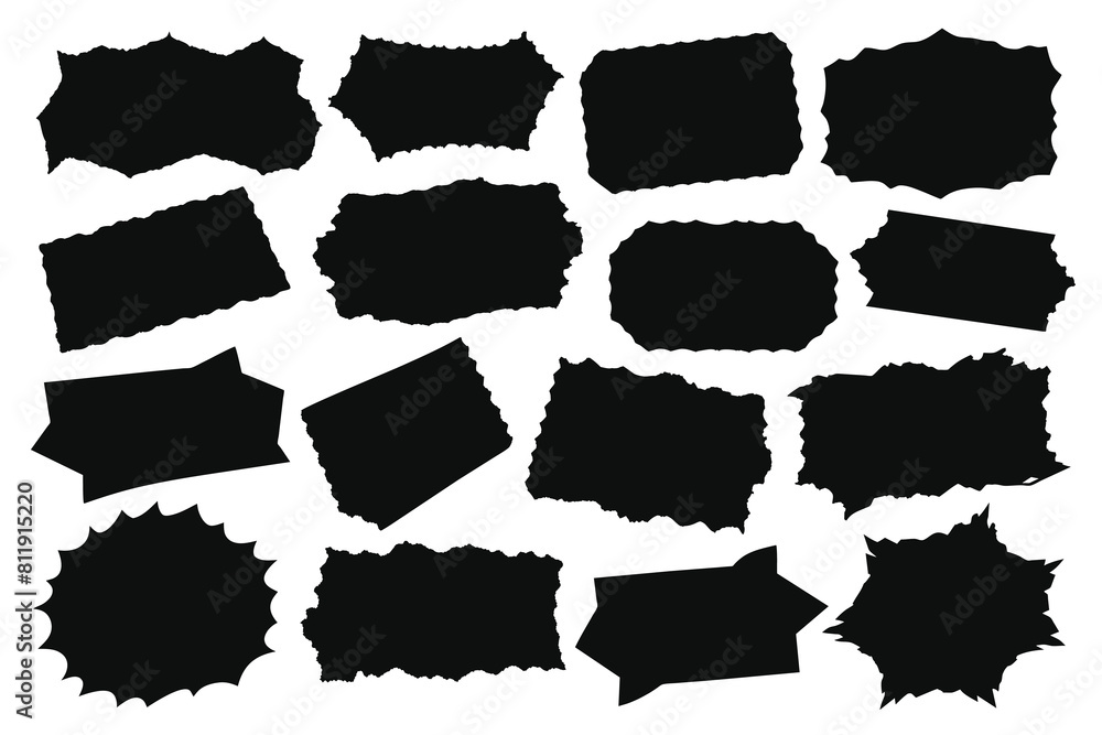 Set of jagged edge rectangle shape. Black ripped paper sheet with ...