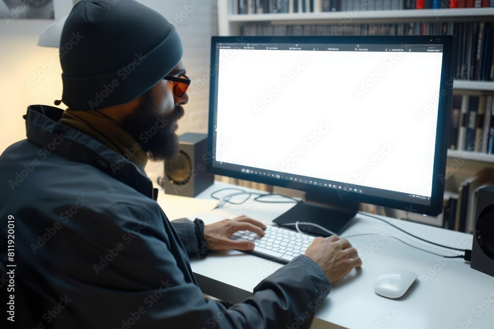 Man using computer monitor Man working on white screen of computer ...
