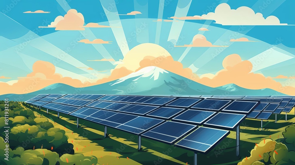 Solar cell farm flat design top view renewable energy theme cartoon ...