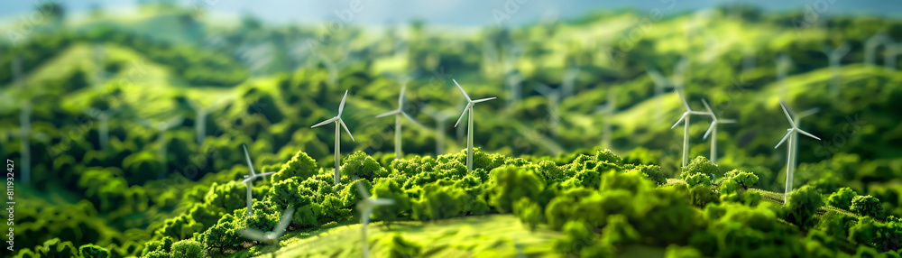 Miniature wind park model. Green landscape with small turbines ...