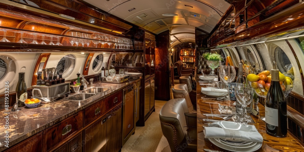 Elegant private jet dining and bar area with marble and wood finishes ...