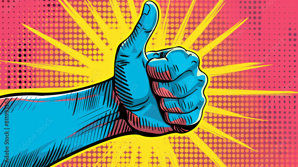 Pop art thumb up, approval. Colorful background in pop art retro comic ...